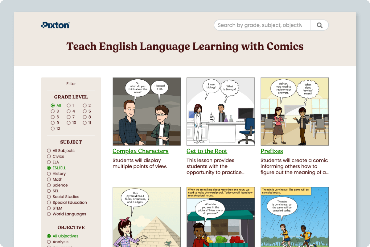 English Language Learning with Pixton